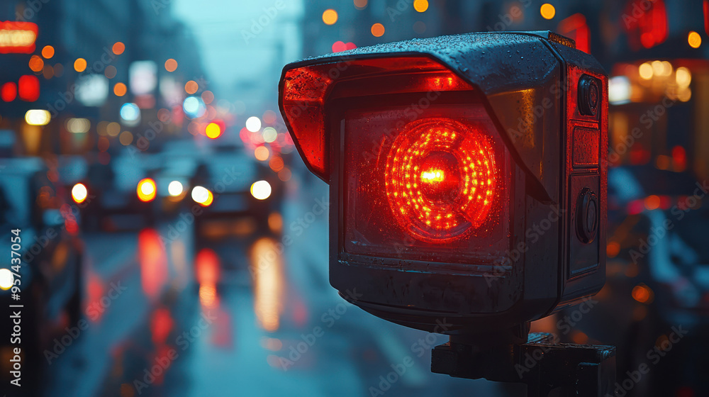 "Red traffic camera capturing city street at night, blurred headlights ...