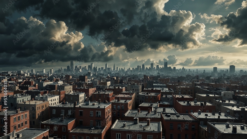 An absurdist cityscape where giant eyes and mouths float in the sky ...
