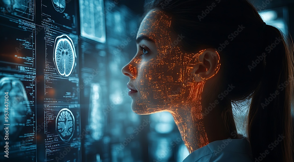 Side profile of a female medical neurologist medical doctor examination of ai x-rays & hospital ...