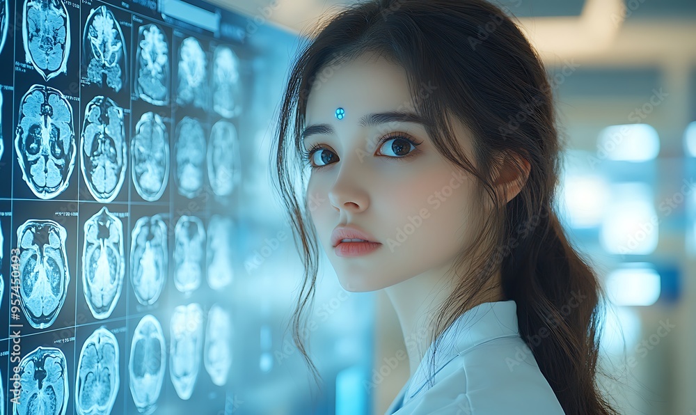 Side profile of a female medical neurologist medical doctor examination of ai x-rays & hospital ...