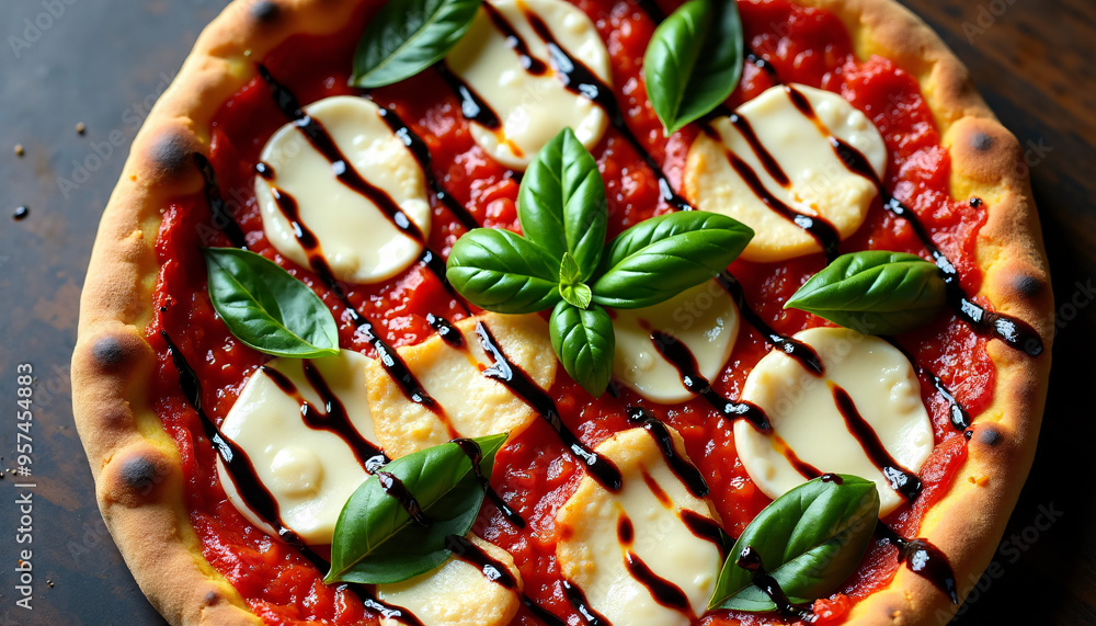 Top-down view of a gourmet pizza with a crispy crust, topped with ...