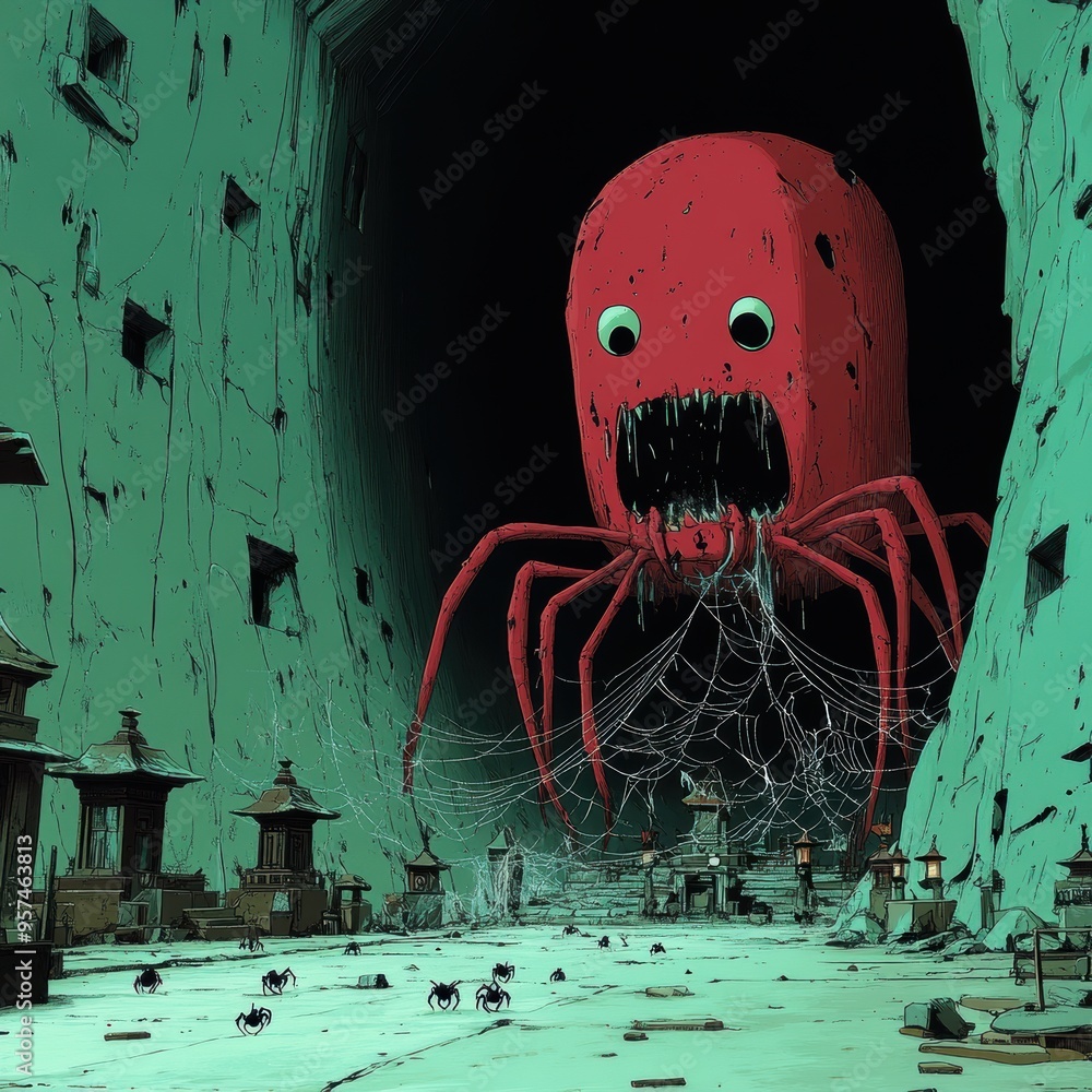 A Giant Red Monster with Spider-Like Appendages Looms Over an ...