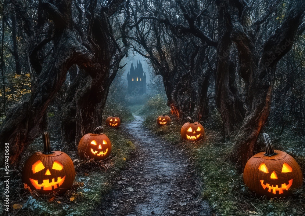 Spooky Halloween Path with Glowing Jack-O'-Lanterns and Dark Gnarled ...