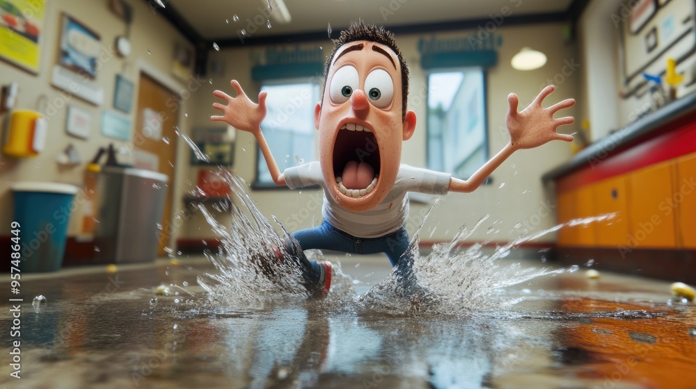 A cartoon character slipping on a wet floor, flying into the air with a ...
