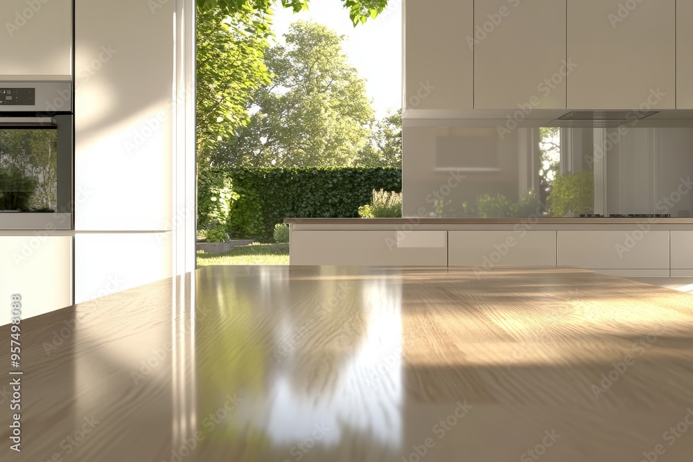 Sunlight streams through a window in a modern kitchen, illuminating the ...