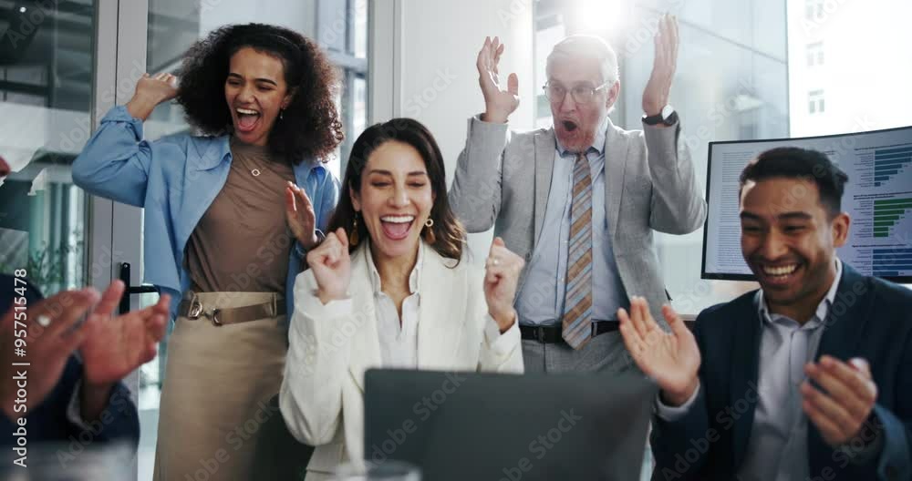 Meeting, applause and business people wow in office with success ...