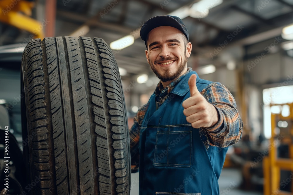 Cheerful mechanic giving thumbs up next to car tire in busy auto repair ...