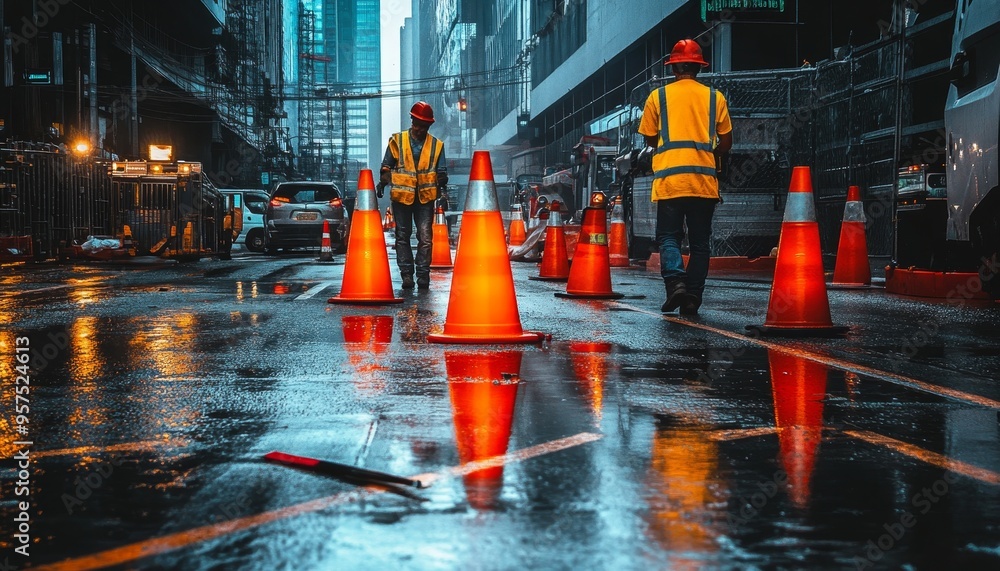 City workers installing traffic cones and markings for new road ...