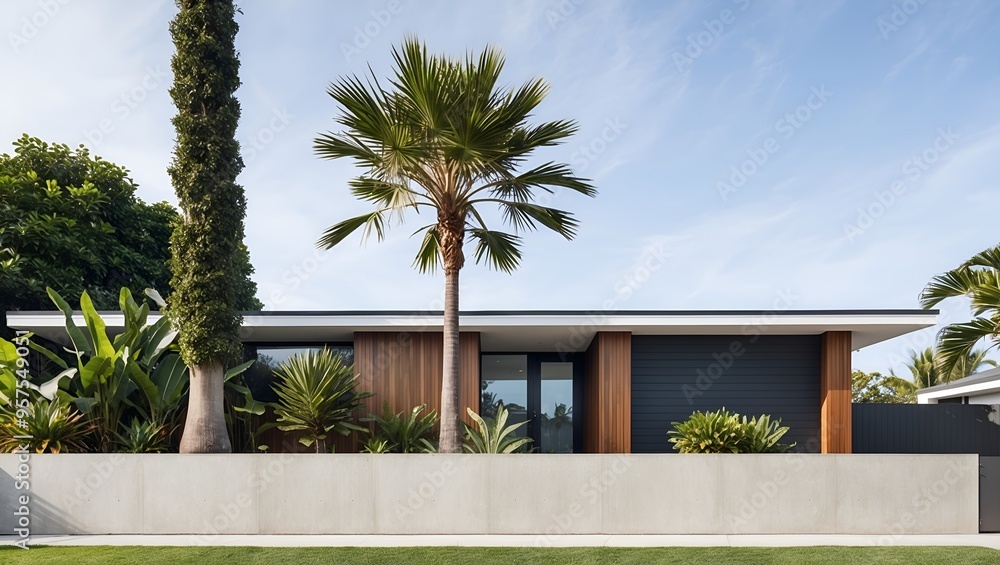 single-story house with a flat roof and a minimalist design. The ...