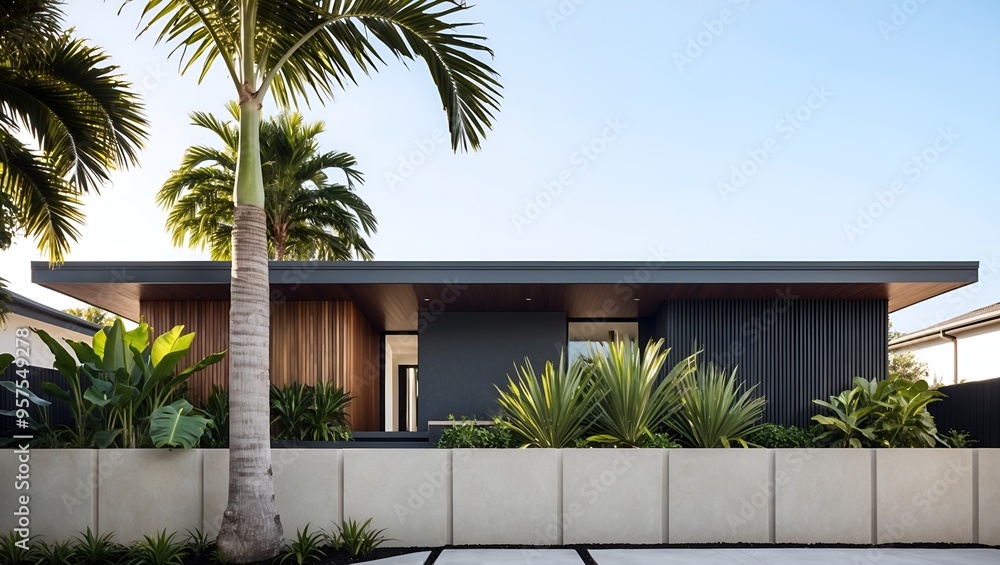 single-story house with a flat roof and a minimalist design. The ...
