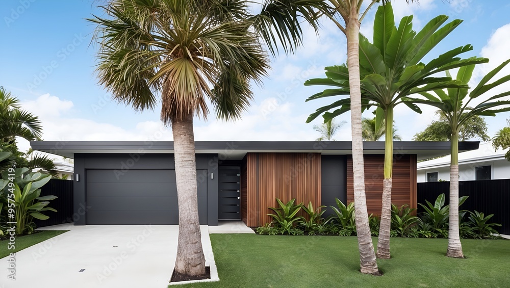 single-story house with a flat roof and a minimalist design. The ...