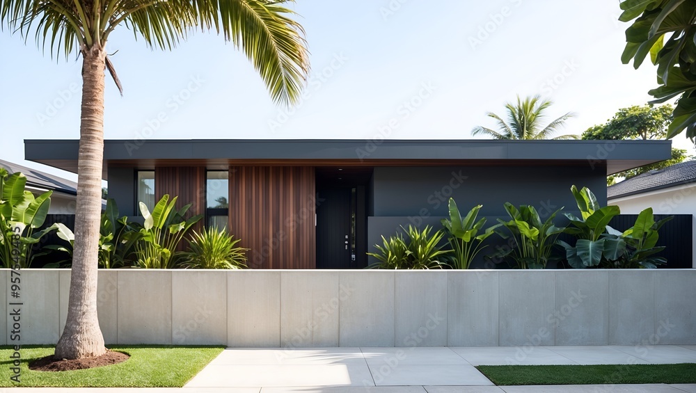 single-story house with a flat roof and a minimalist design. The ...
