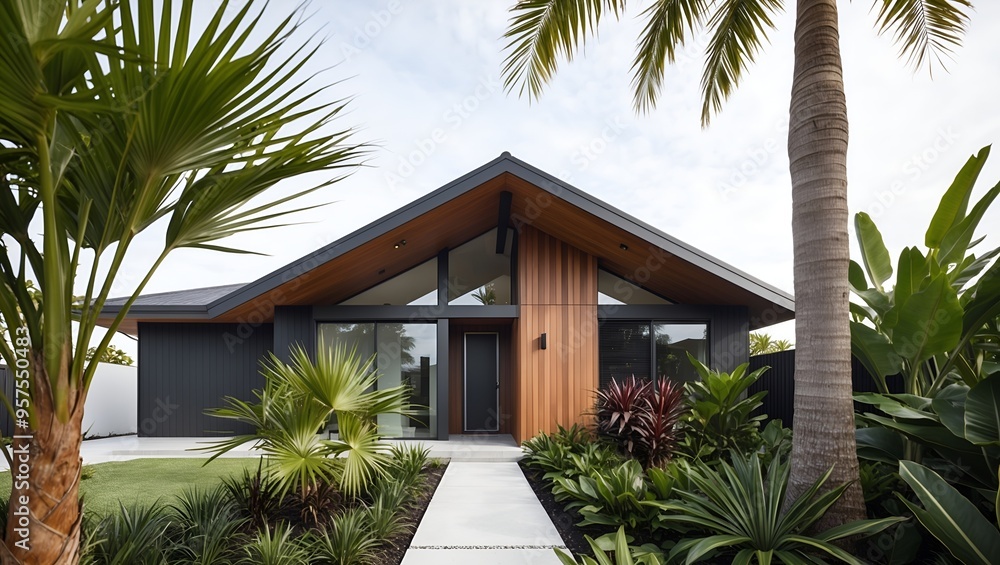 single-story house with a flat roof and a minimalist design. The ...