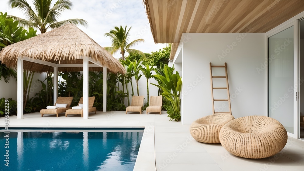 Serene outdoor setting featuring a tropical-style poolside area. The ...