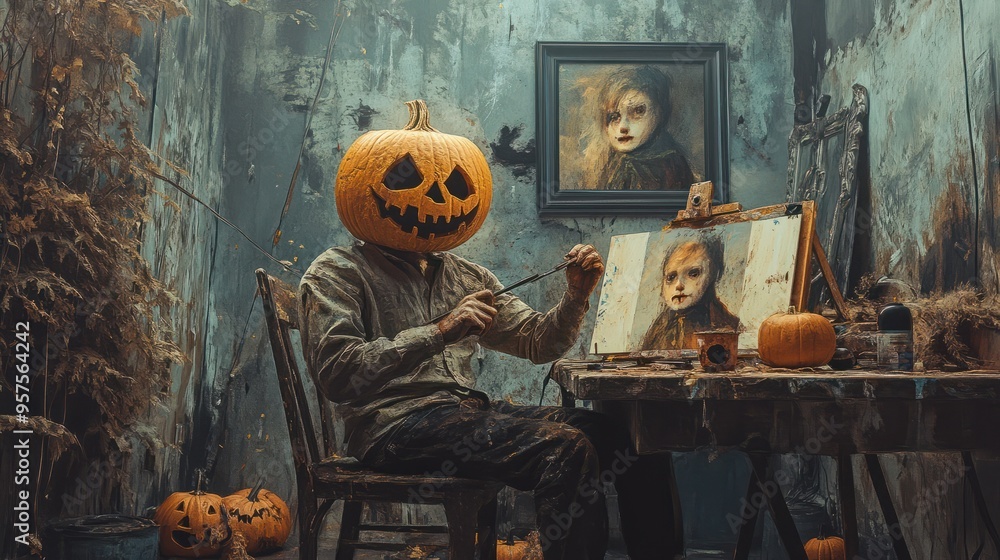surreal Halloween scene featuring an artist with a pumpkin head ...