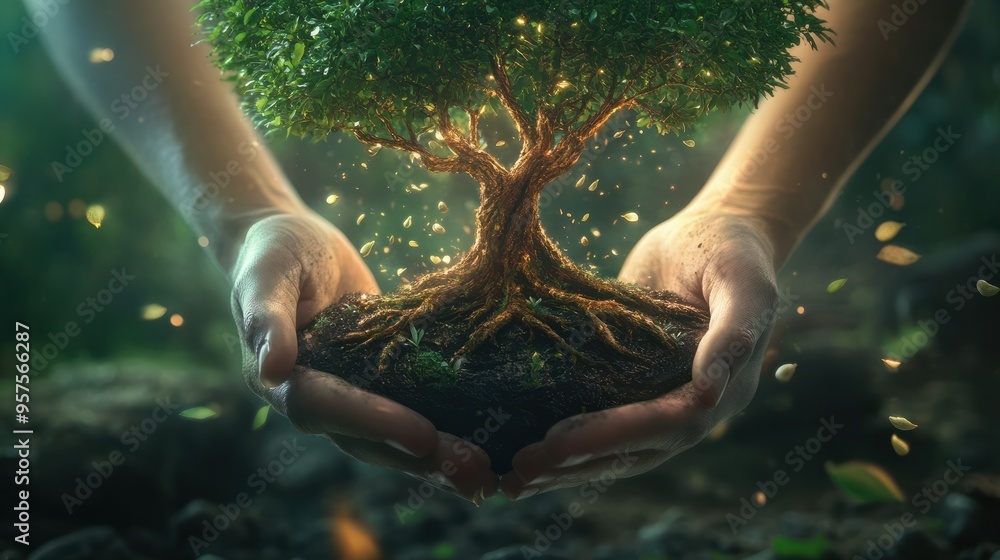 ancient tree of life emerging from human hands roots spreading across a ...
