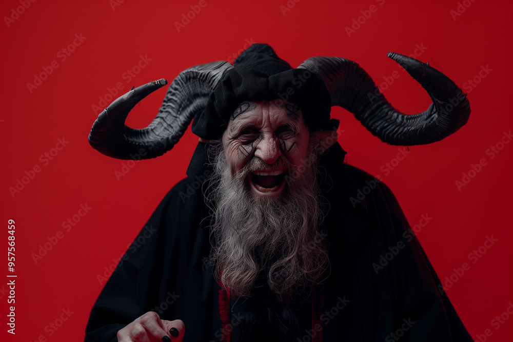 Satanic Warlock Costume for Halloween with Goat Horns Black Robes and ...