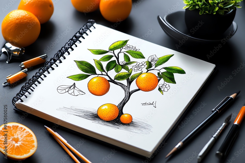 Orange tree in an artist's sketchbook with pencil and ink drawings ...