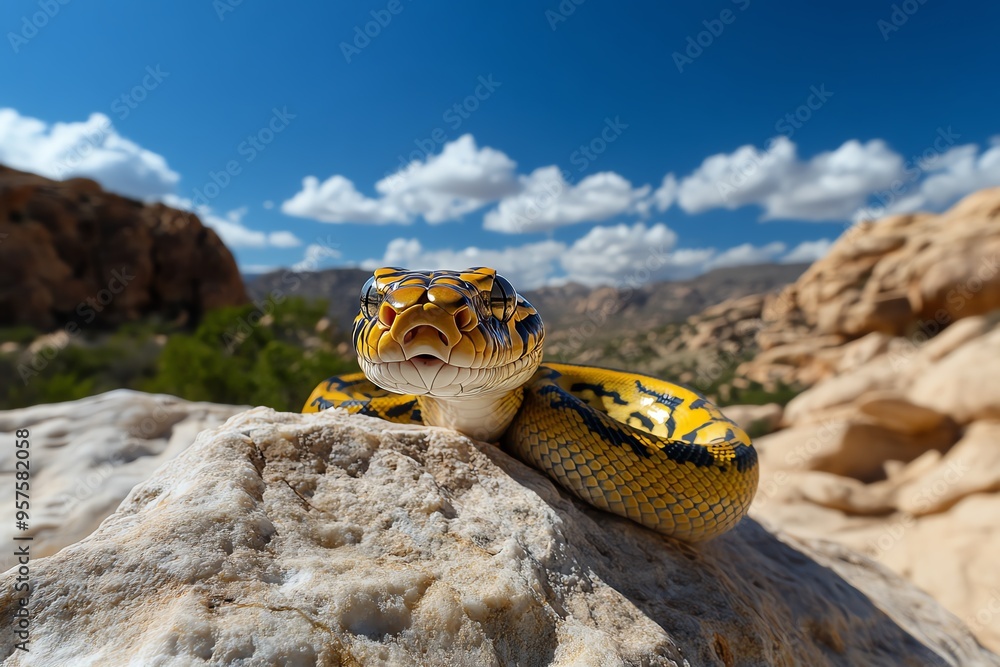 Snake Python, Golden, and Rocky Terrain visualized in a rugged, rocky ...