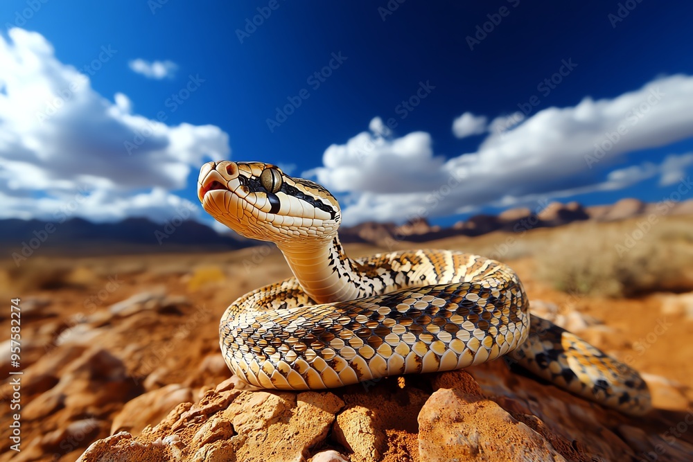Snake Rattlesnake, Desert, and Striking shown in a barren desert ...