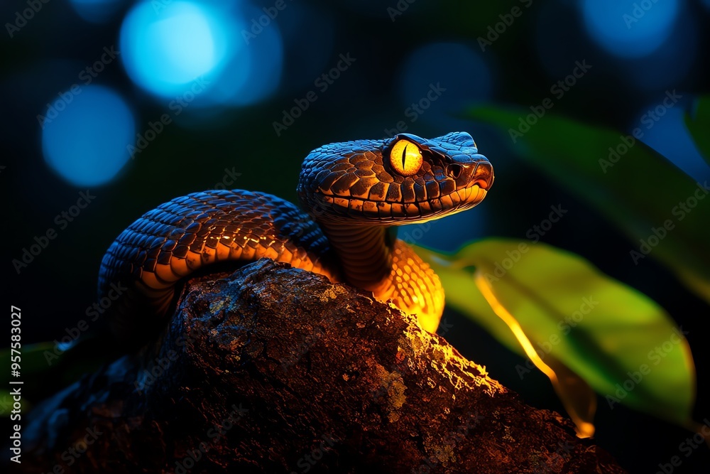 Snake Viper, Swamp, and Night shown in a swamp at night where the ...