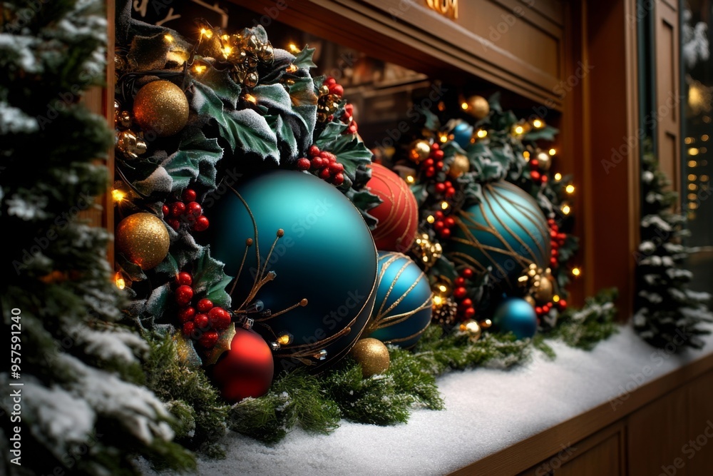 Holly and ivy in a festive window display with twinkling lights ...