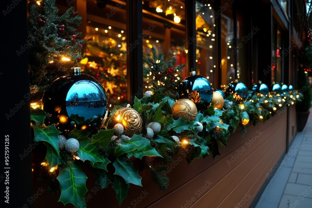 Holly and ivy in a festive window display with twinkling lights ...