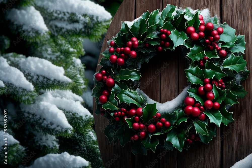 Holly and ivy wreath hanging on a rustic wooden door, depicted in an ...