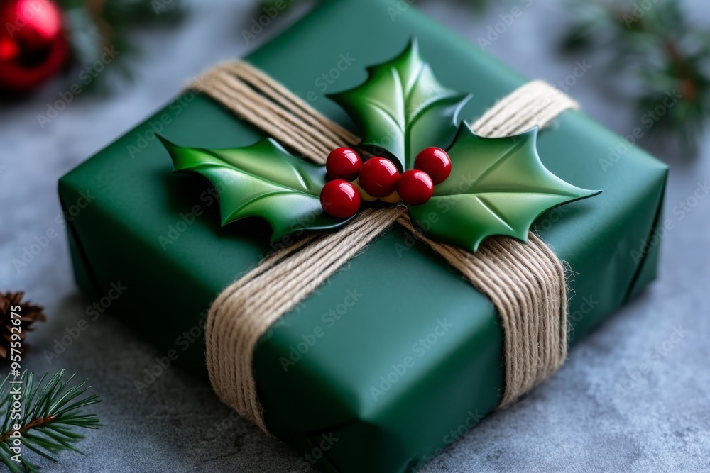Holly and ivy-themed gift wrapping with natural accents, captured in a ...