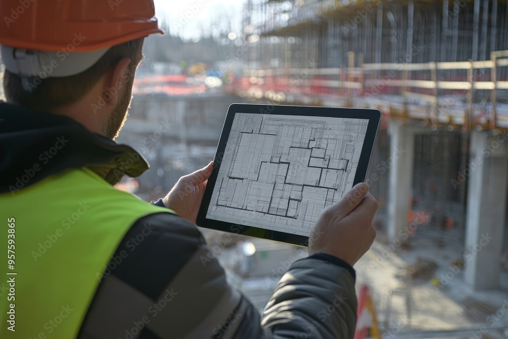 Engineer at construction site downloads architectural plans and 3d ...