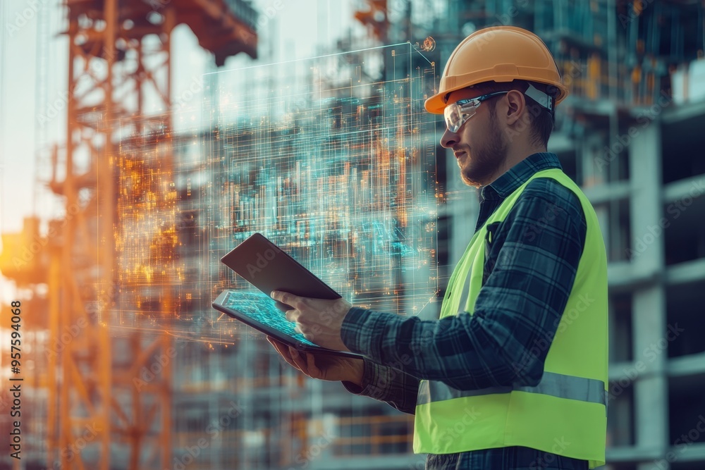 Engineer analyzing holographic blueprints on a construction site with a ...