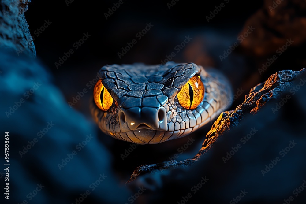 Snake Night, Eyes, and Rocky Terrain depicted in a nighttime setting ...