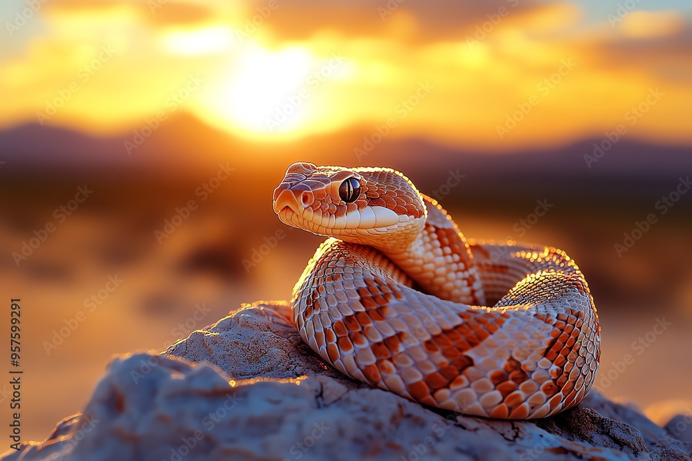 Snake Rattlesnake, Desert, and Sunset visualized in a desert at sunset ...