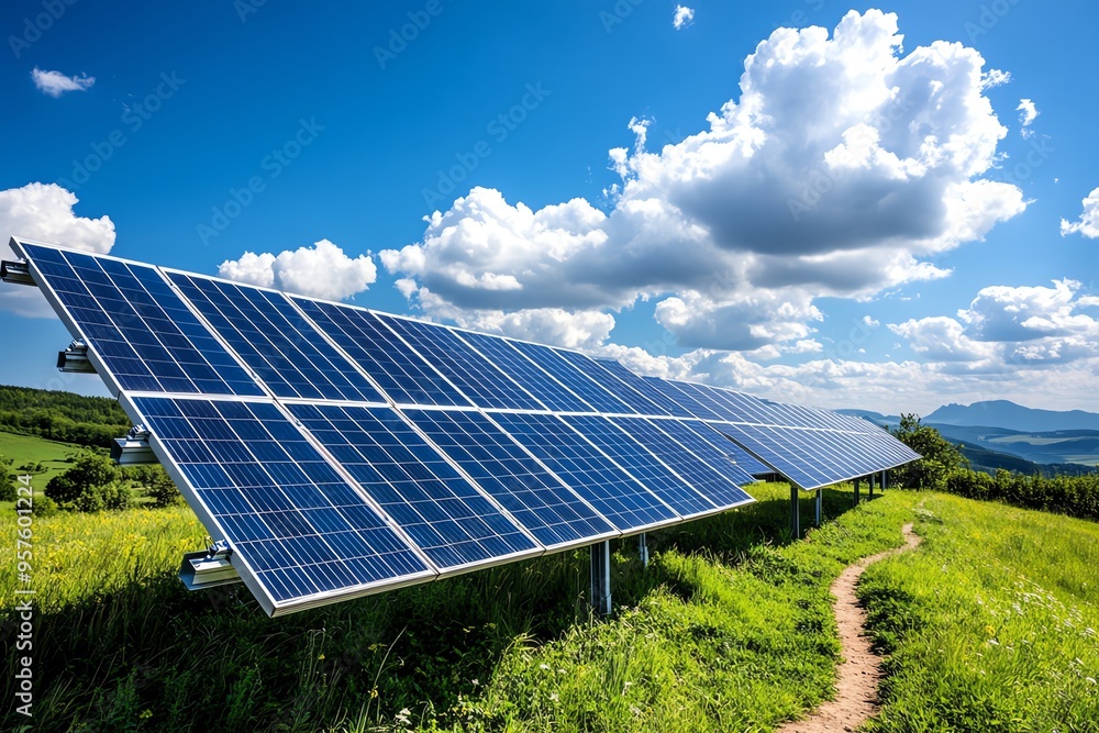 Solar Power Solar Arrays, Sunshine, and Reflection depicted in a bright ...