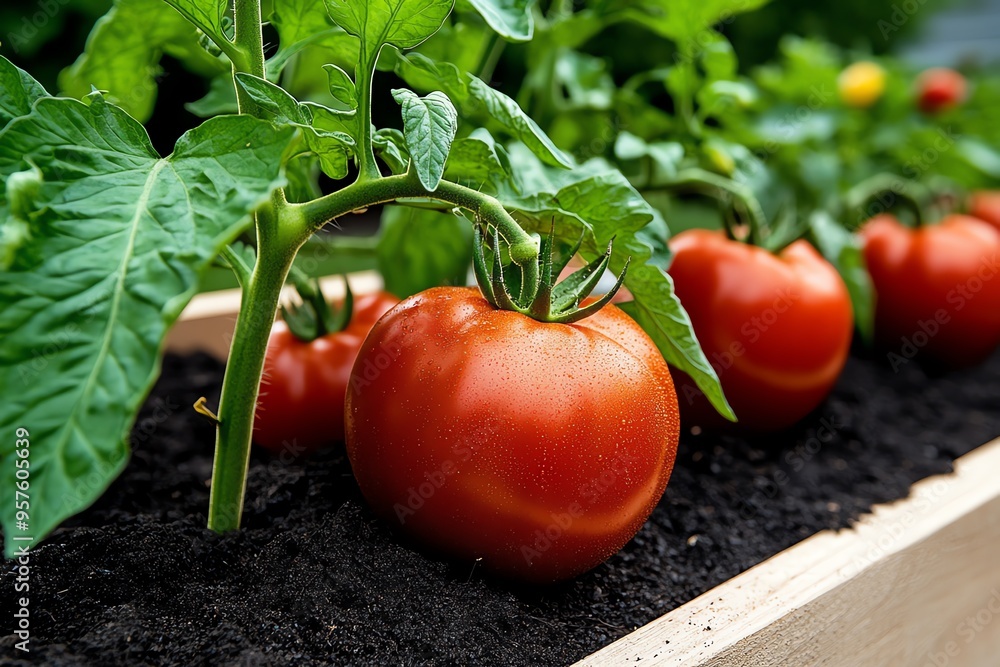 Tomato Home Garden, Raised Beds, and Trellises depicted in a thriving ...