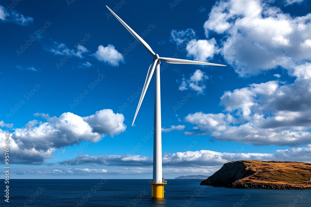 Wind Energy Offshore Wind, Spinning Blades, and Clean Energy shown in an offshore setting where ...