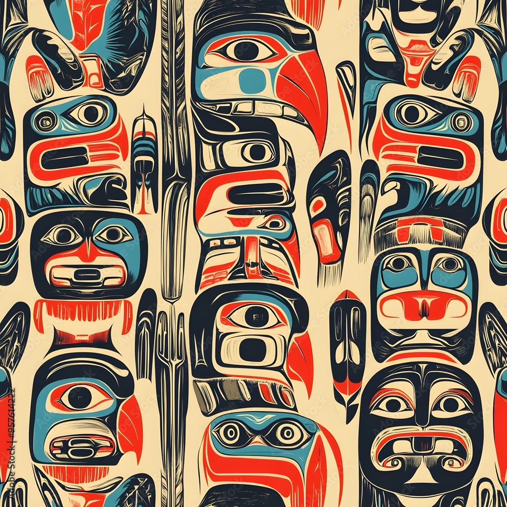 58. **Alaskan Native art pattern with totemic symbols and wildlife ...