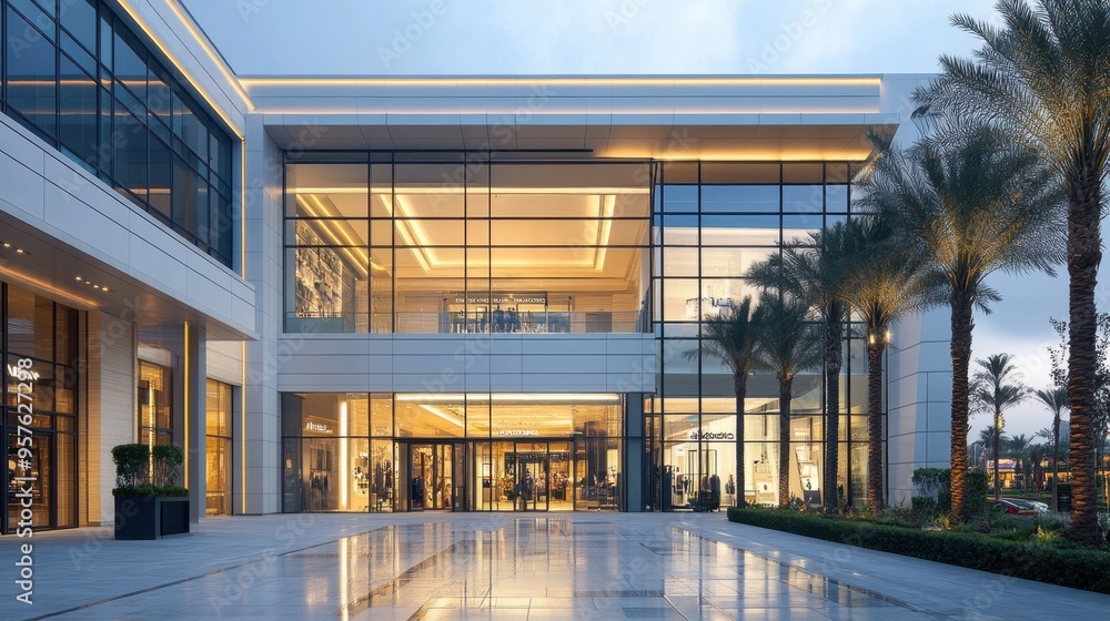A high-end shopping center with a sleek design, expansive glass fronts ...