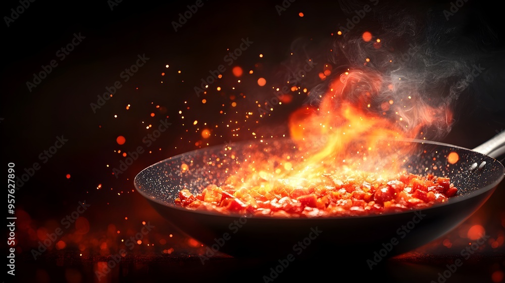 Glowing vegetables in a burning pan, flames reaching high, heavy smoke ...