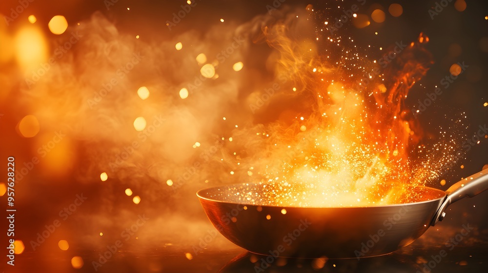 Ingredients igniting in a fiery pan, kitchen engulfed in thick smoke ...