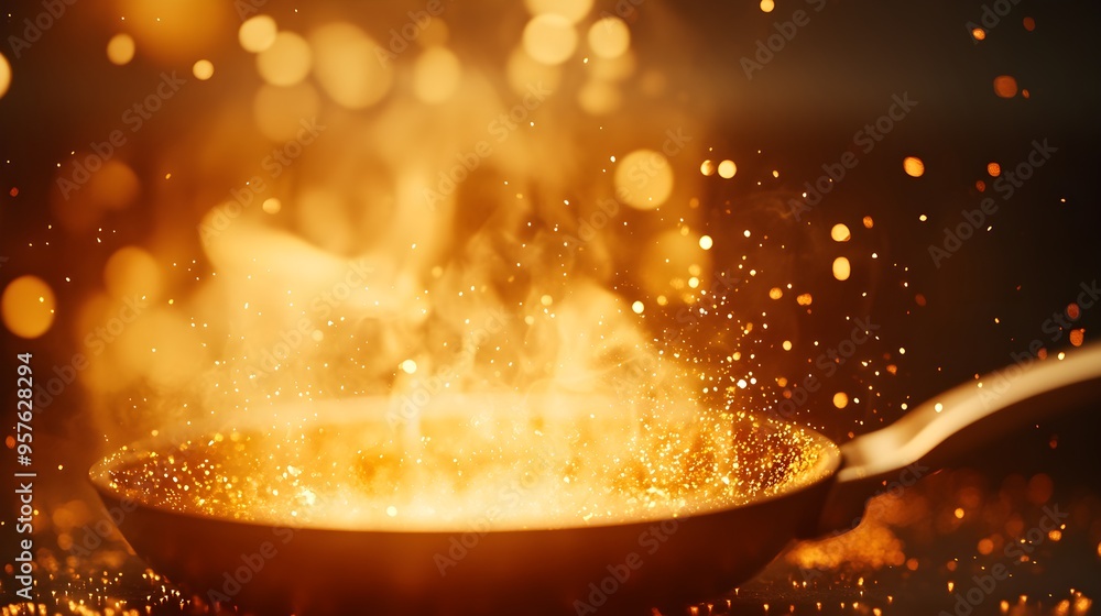 Intense close-up of a pan on fire, with glowing embers and sparks ...