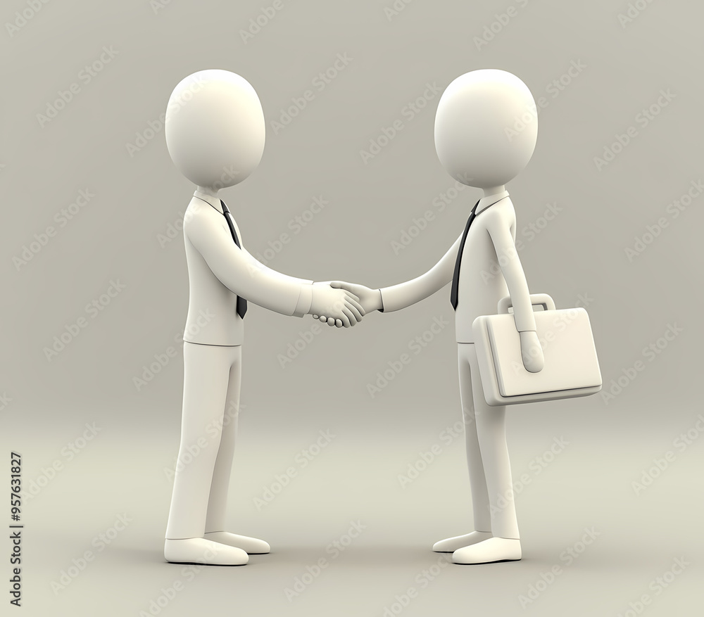 Cartoon-style 3D men shaking hands with briefcase in hand. Stock Photo ...