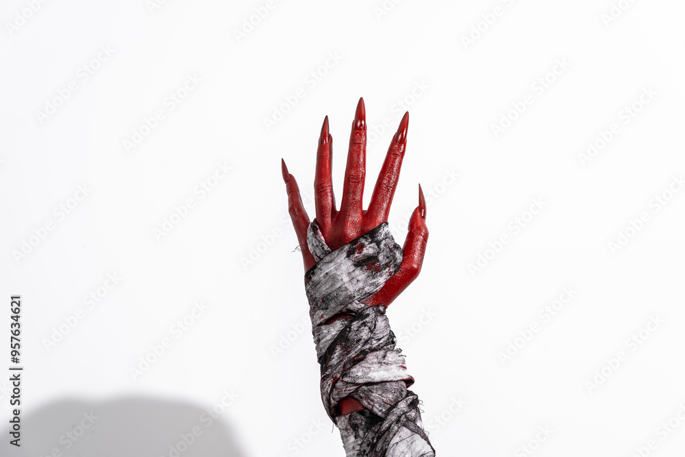 A terrifying red demon hand wrapped in a shroud, reaching out ...