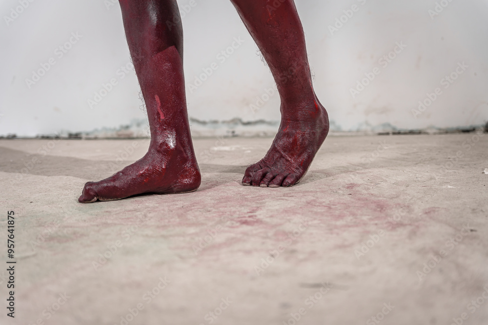 Dirty and horrifying red zombie feet displayed on white studio ...