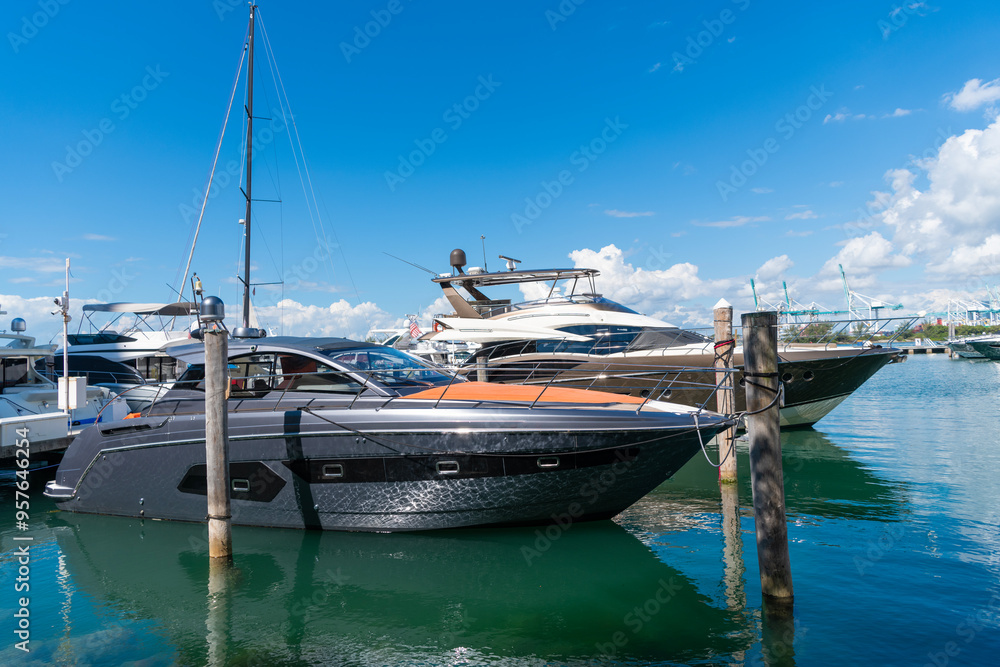 Yacht boat docked on sea Biscayne bay. Downtown Miami Marina with ...