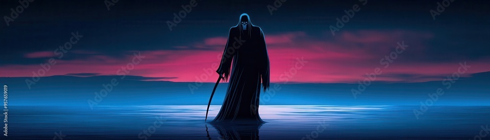 Dark and eerie Grim Reaper silhouette at twilight, flat design, front ...