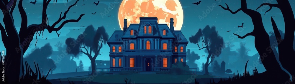 Haunted mansion under a full moon, flat design, front view, spectral ...