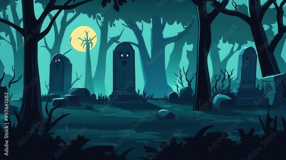 Sinister phantasms lurking in a dark forest at nightfall, flat design ...