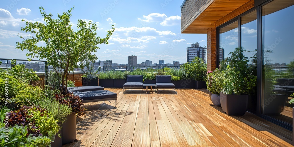 sunny tesunny terrace with wood teck flooring and plantsrrace with wood ...