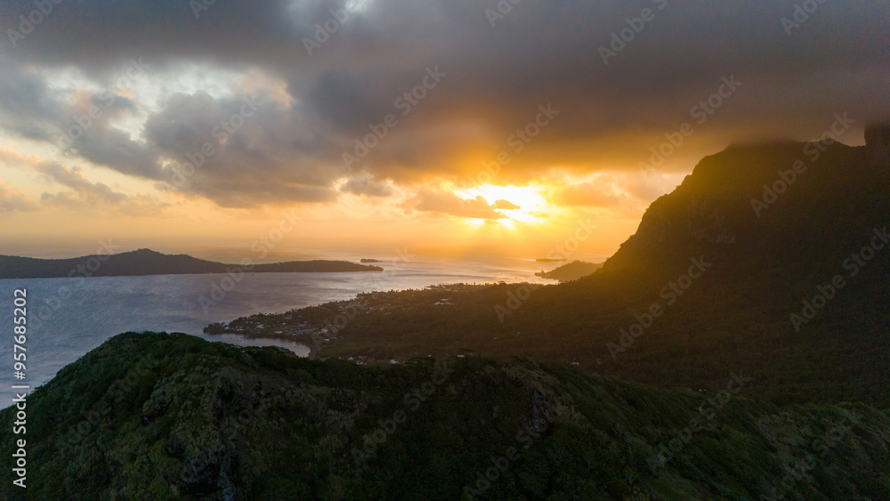 Sunset over Mount Otemanu on tropical island Bora Bora in French ...